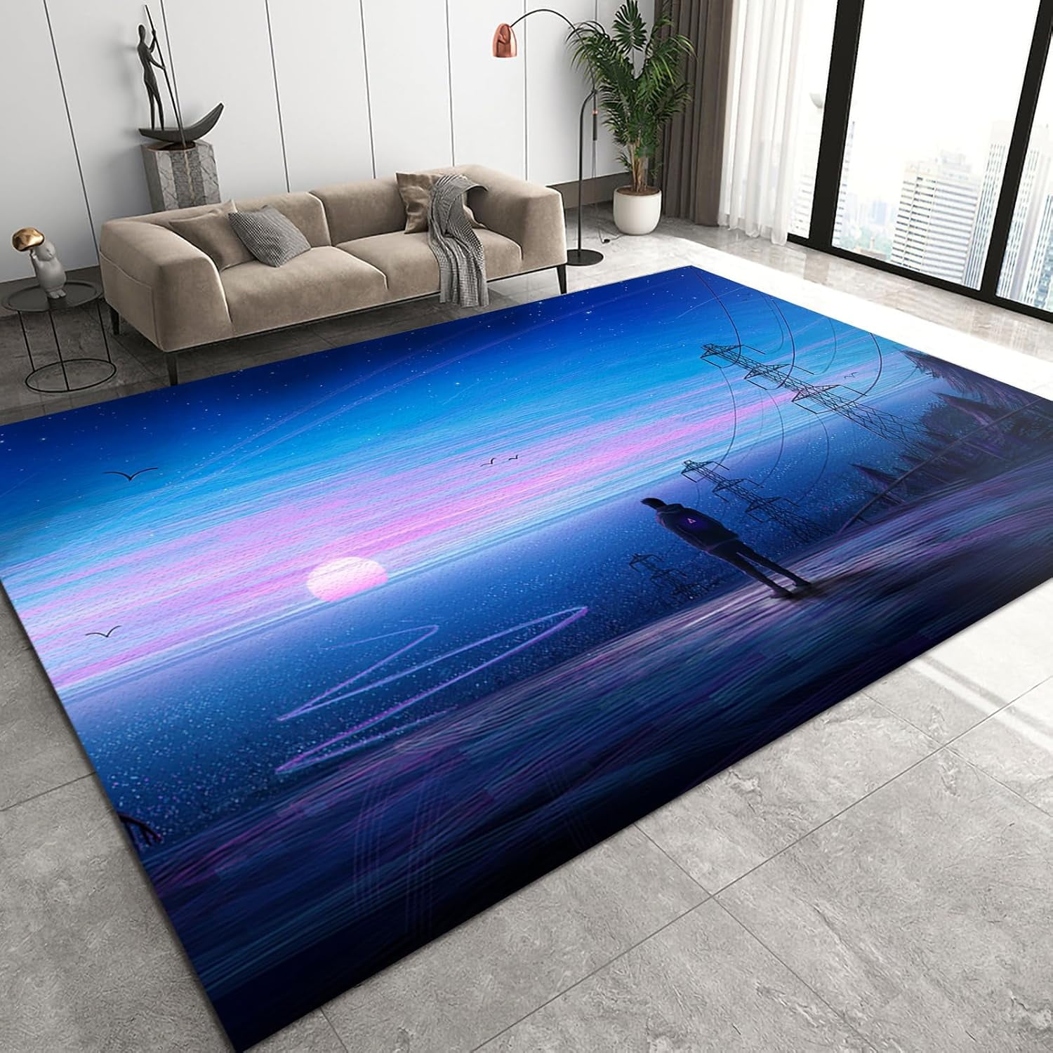 City Block Night Scene Area Rugs, Cartoon Natural Scenery of Sea, Blue ...