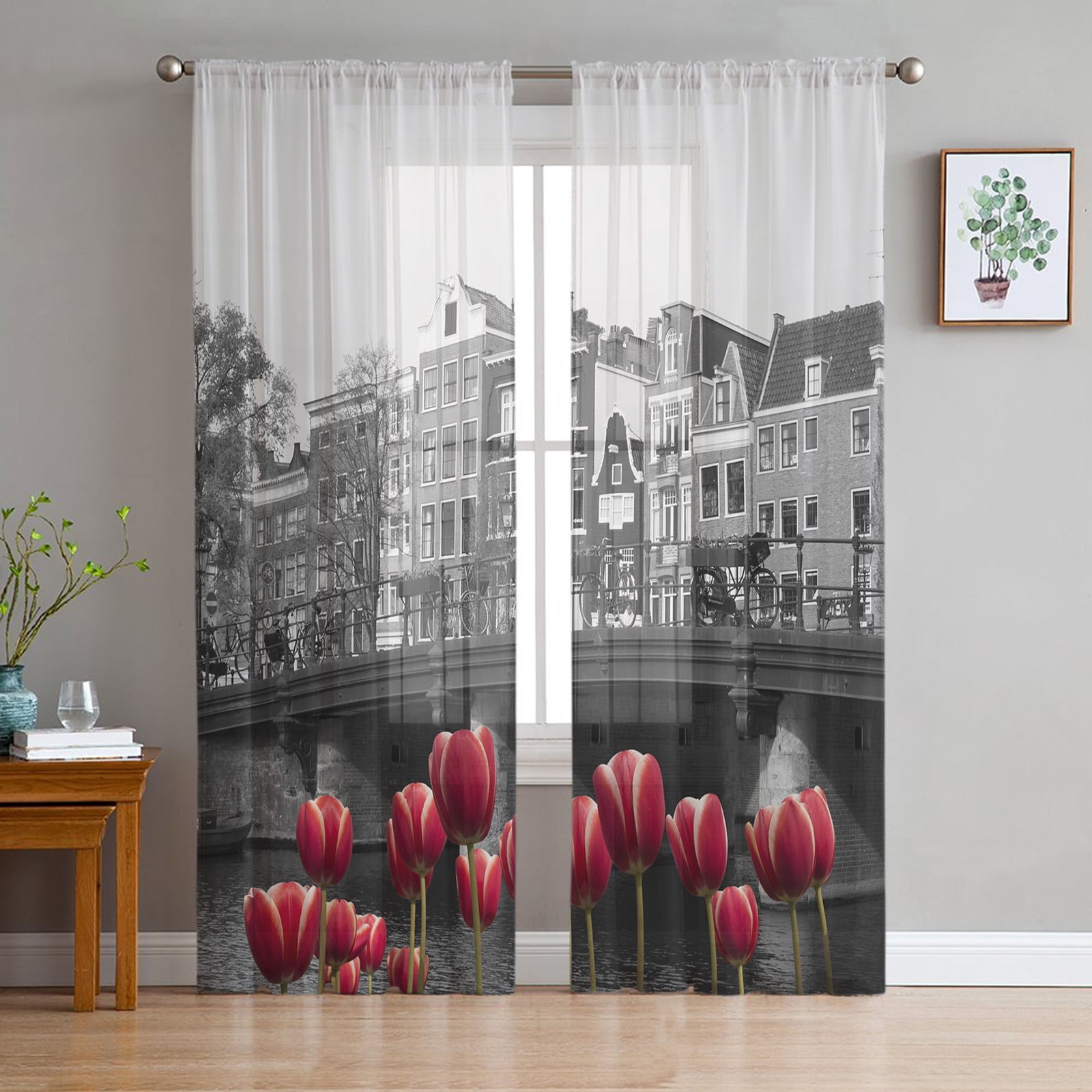 City Building Sea Landscape Tulle Sheer Window Curtains for Living Room ...