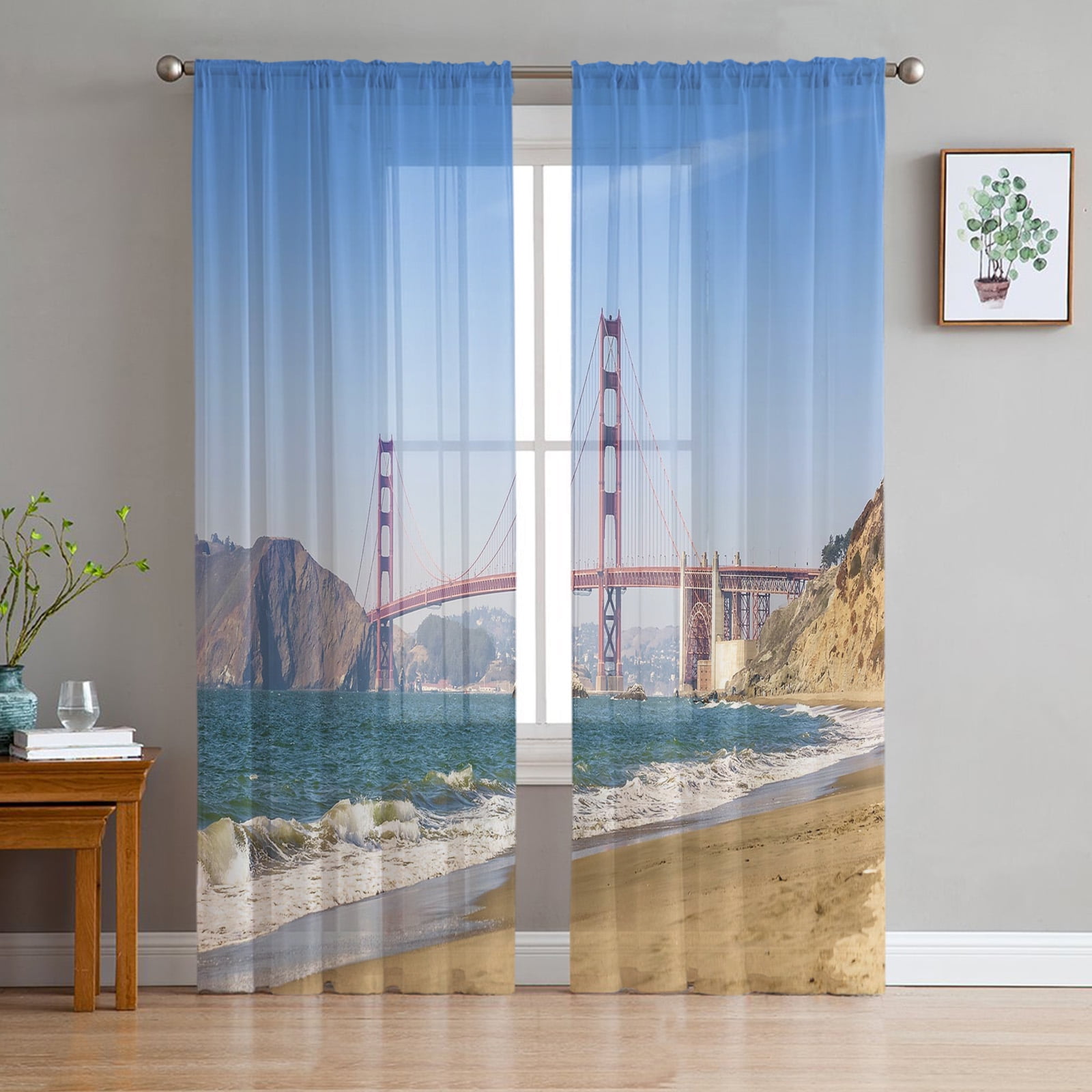 City Building Sea Landscape Tulle Sheer Window Curtains for Living Room ...