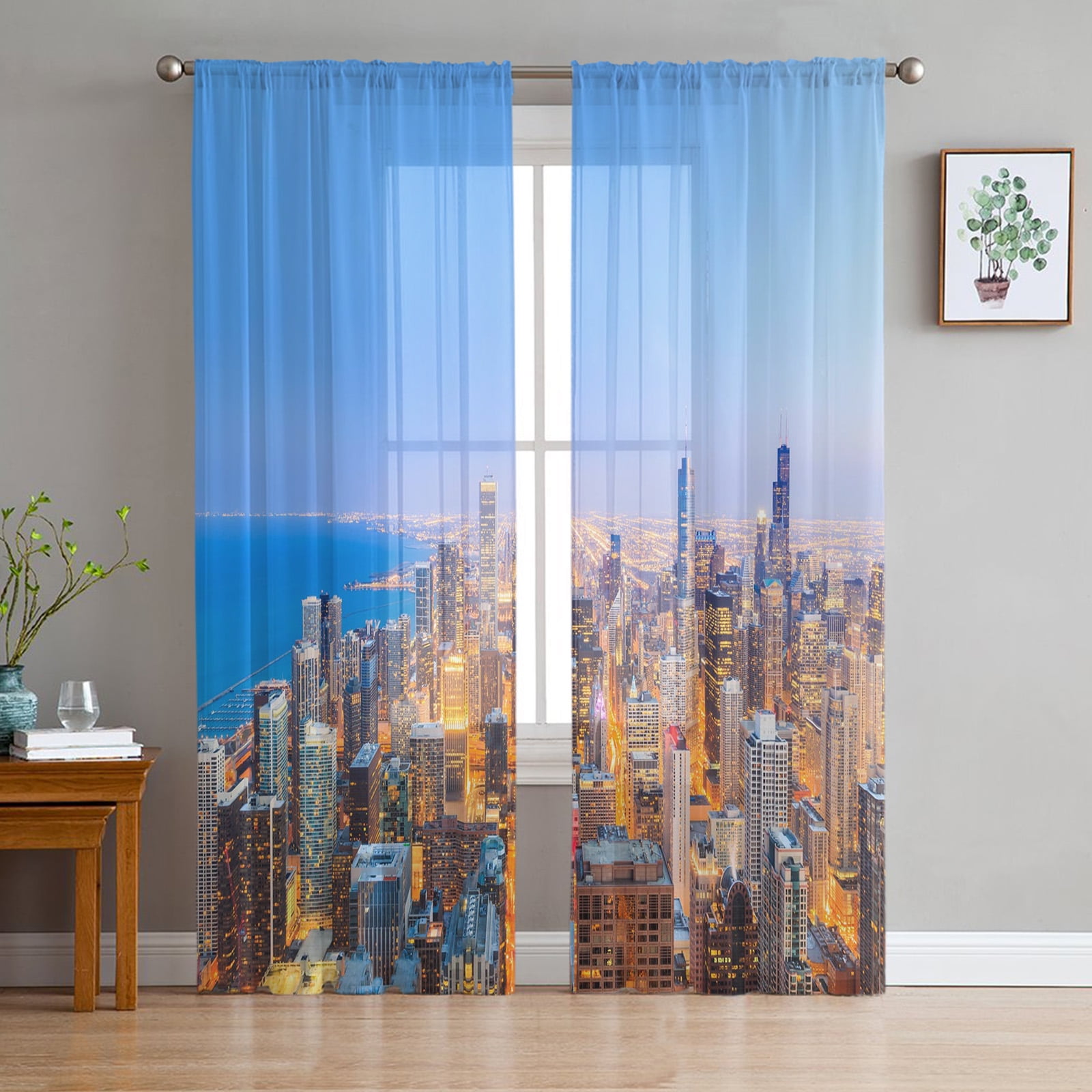 City Building Sea Landscape Tulle Sheer Window Curtains for Living Room ...
