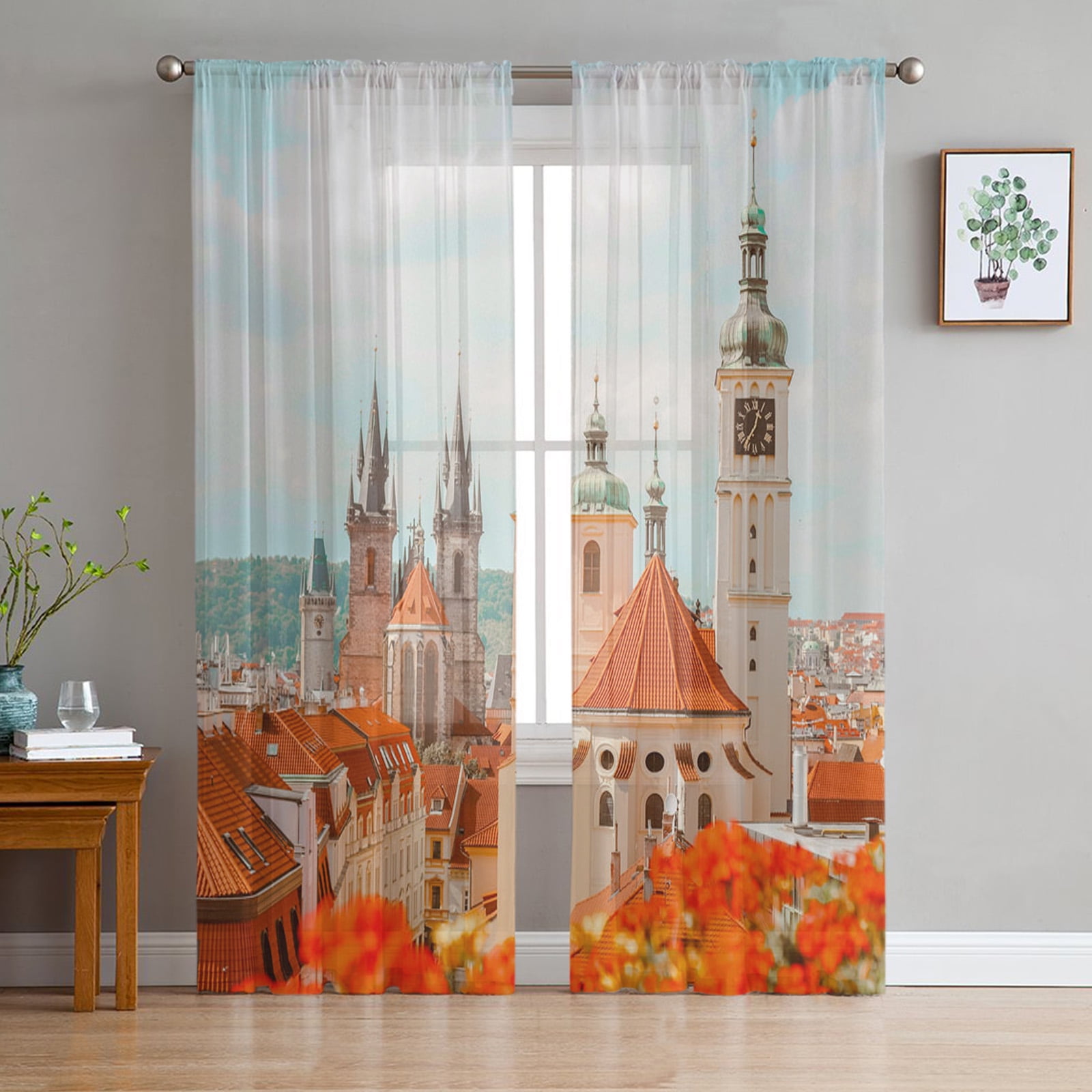 City Building Sea Landscape Tulle Sheer Window Curtains for Living Room ...