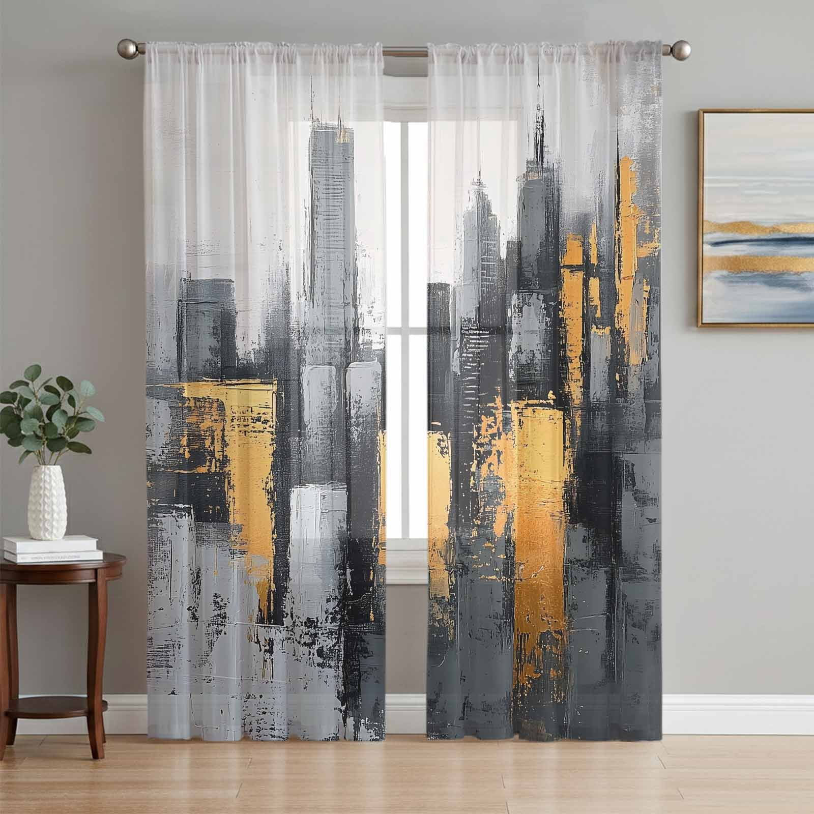 City Building Sheer Curtains 96 Inch Length 2 Panels Set, Modern Chic ...