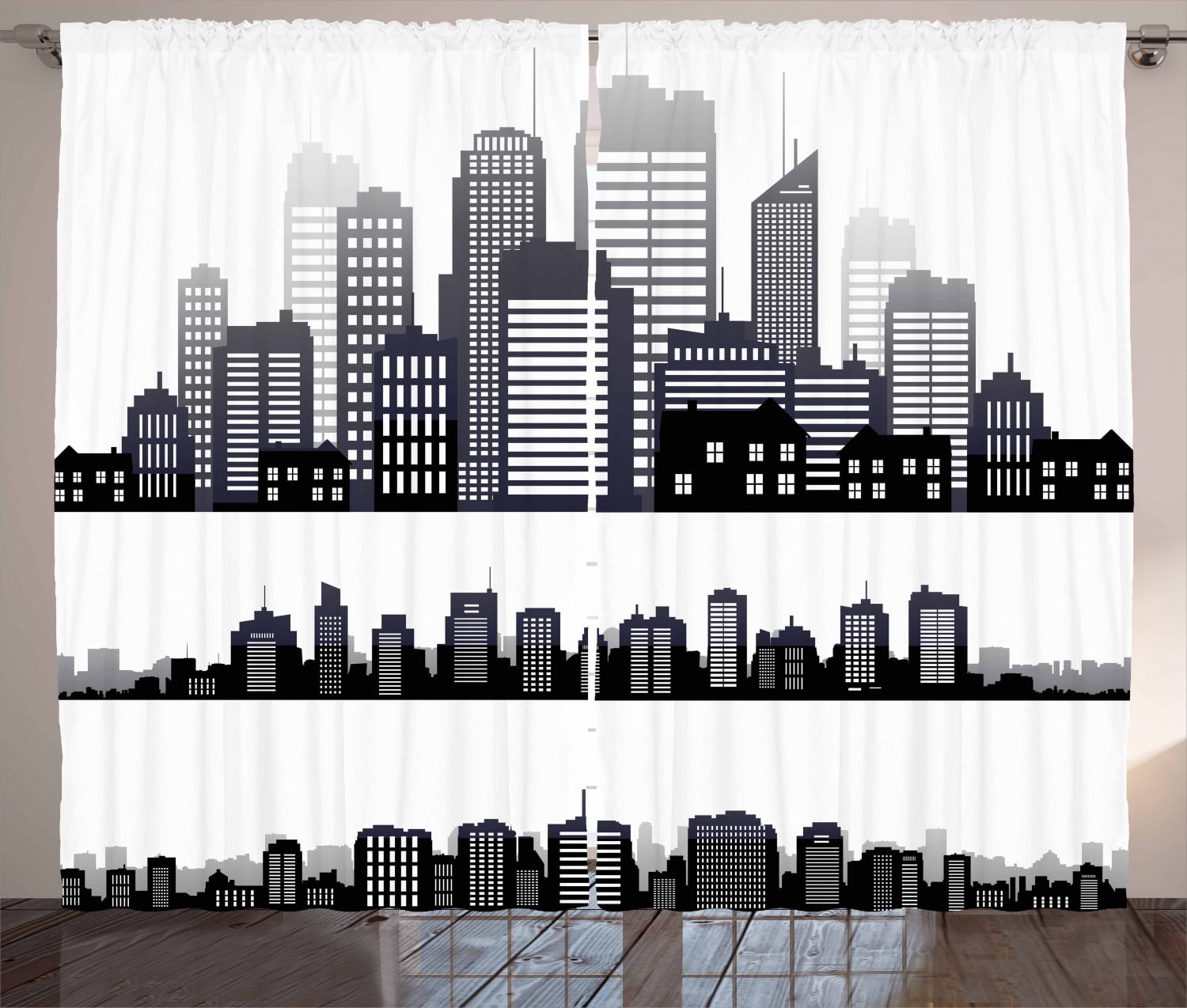 Ambesonne City Curtains 2 Panel Set, Long Buildings Skyline, 108" x 84 ...