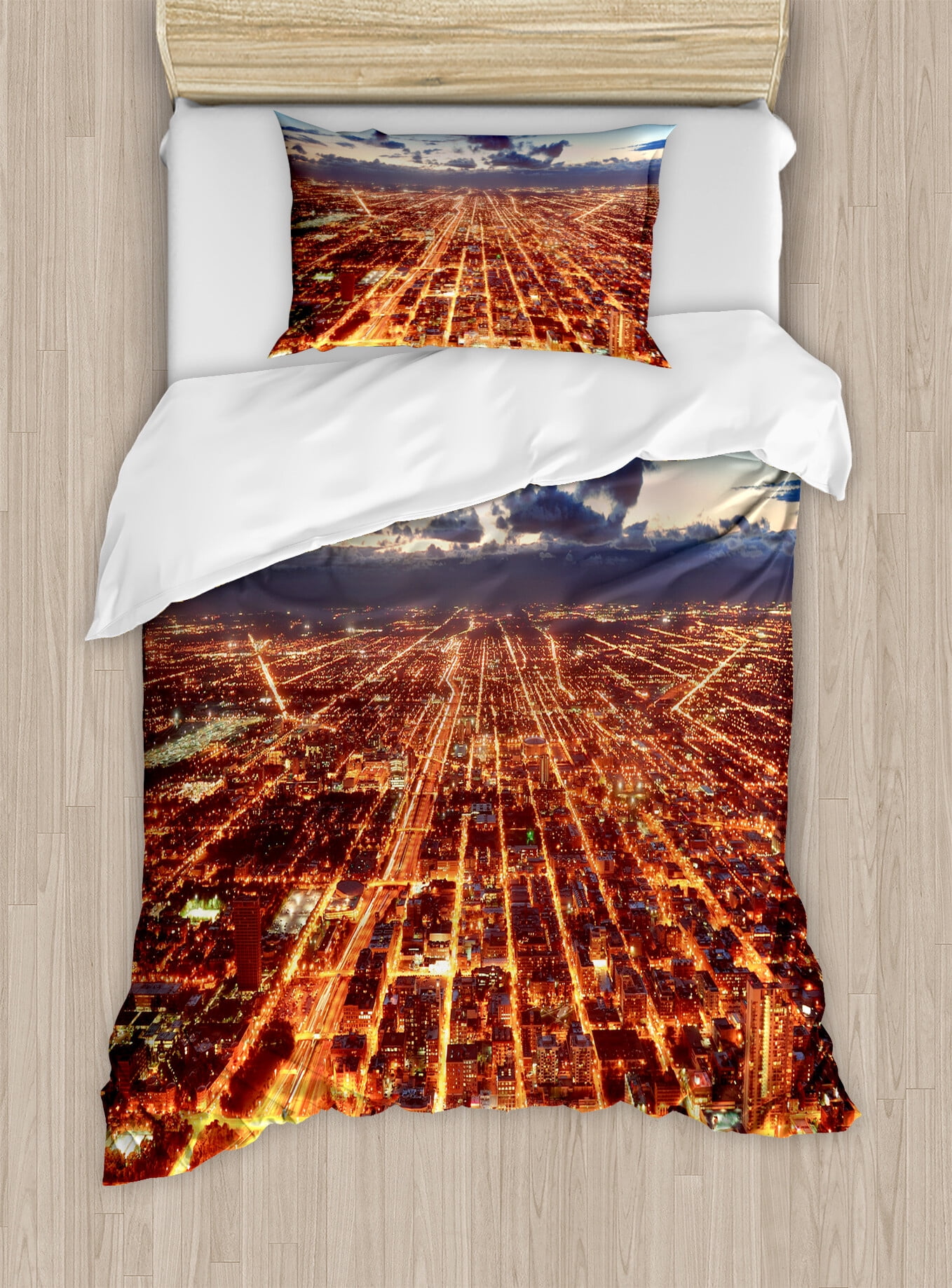 City Duvet Cover Set, Chicago Downtown Skyline Aerial Panorama View at ...