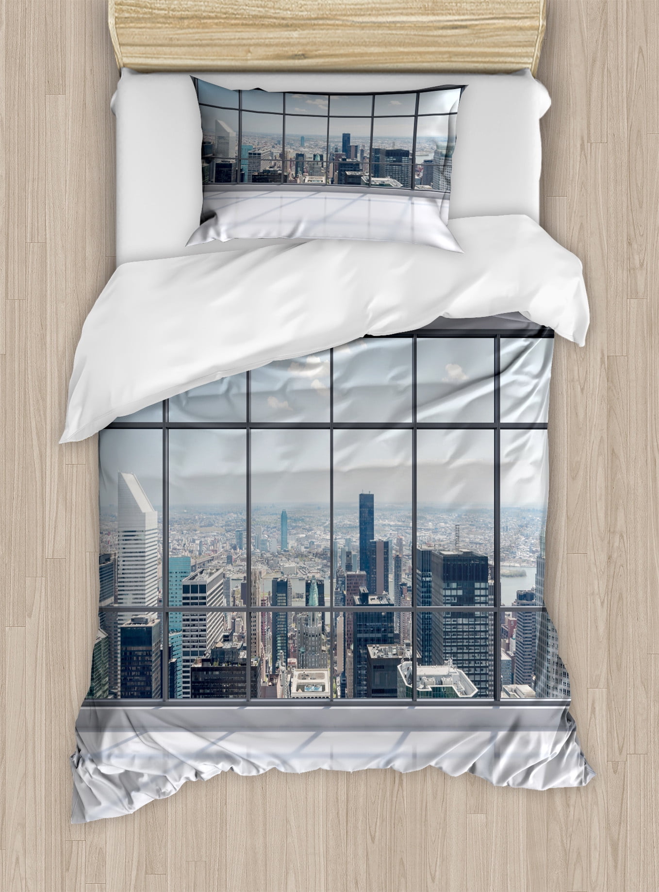 City Duvet Cover Set, Clean Office with Big Window Downtown Skyscraper ...