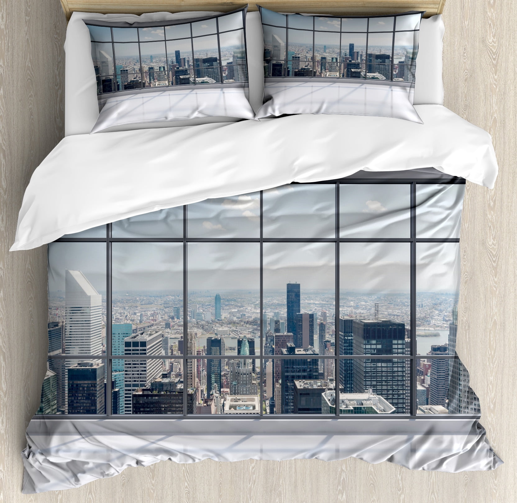 City Duvet Cover Set, Clean Office with Big Window Downtown Skyscraper ...