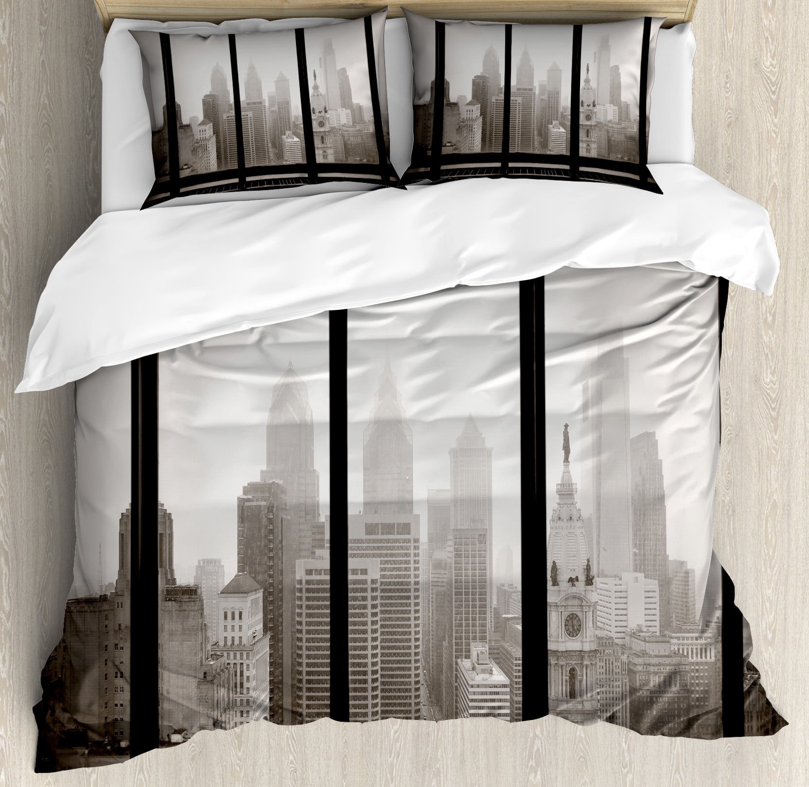 City Duvet Cover Set, Philadelphia City Rooftop View Through Window ...
