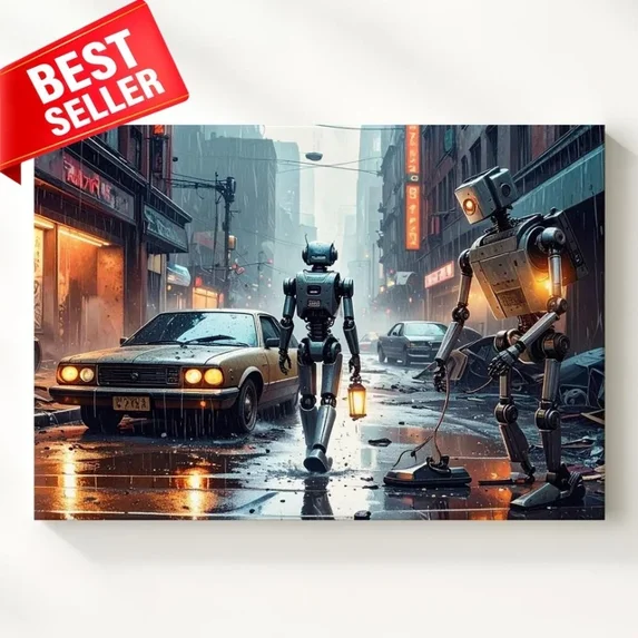 City Futuristic Robot Wall Art Lantern Cyberpunk Cityscape Rainy ...