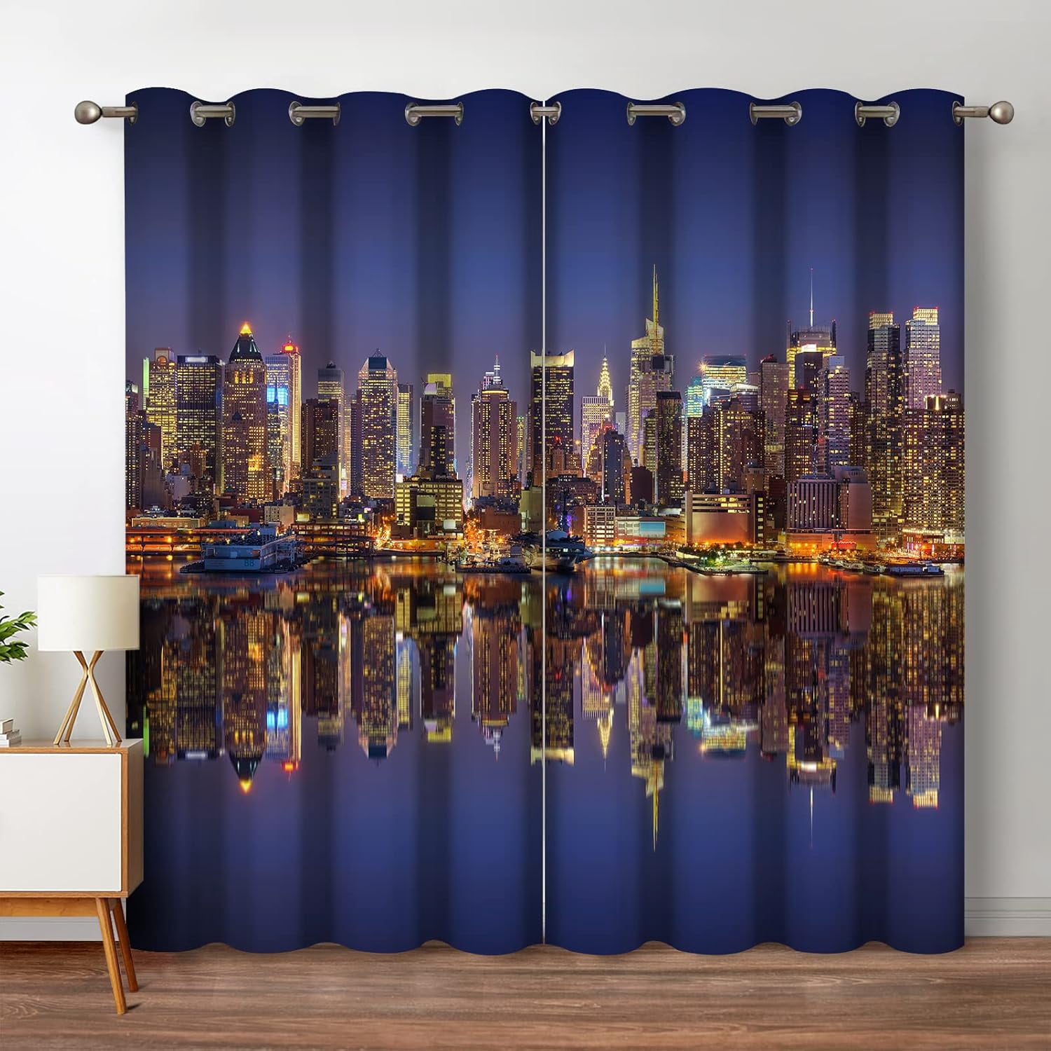 City Landscape Blackout Curtains New York Manhattan Midnight Cityscape ...