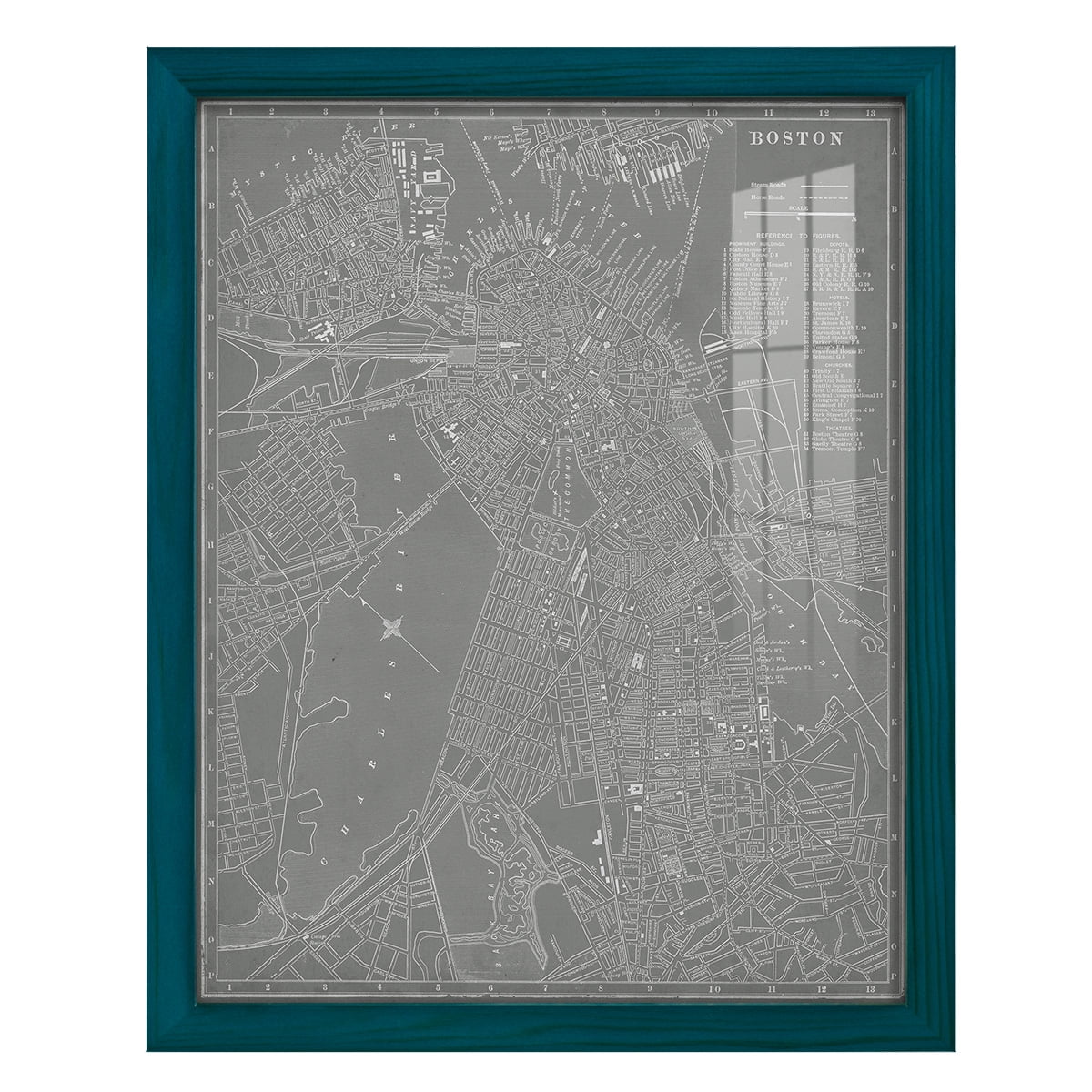 City Map of Boston -Framed Print w/glass-Ocean Blue - Walmart.com