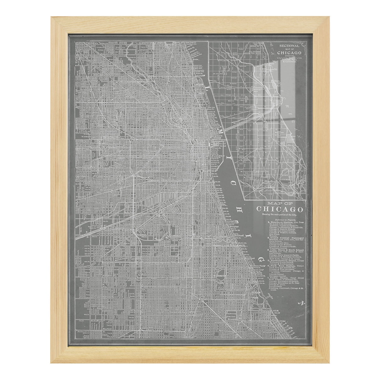 Wexford Home City Map of Chicago Framed Print with Glass Natural Wood ...