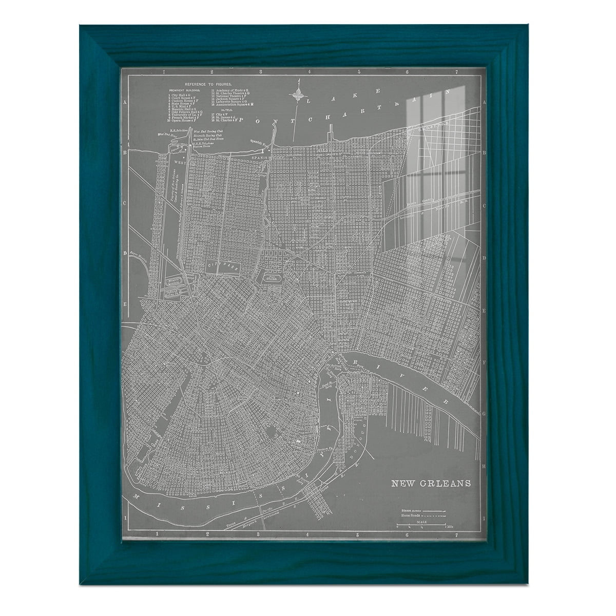 Wexford Home City Map of New Orleans Framed Print Ocean Blue with Real ...