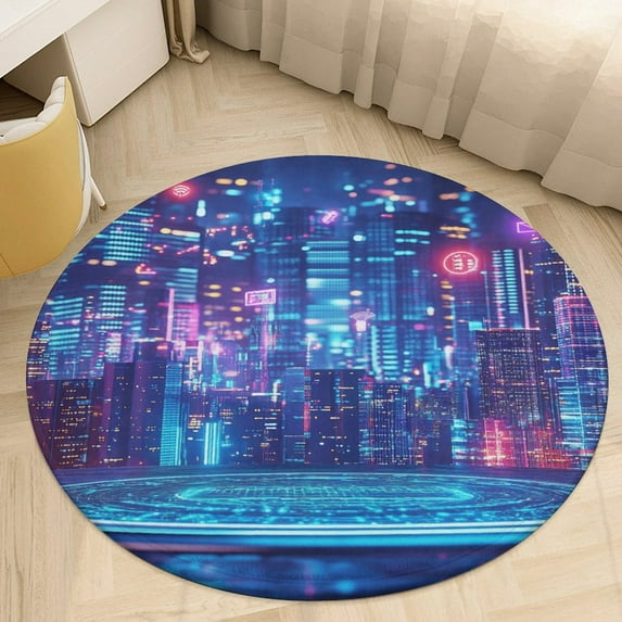 City Neon Streetview Night at Night Round Rugs -Washable Non-Slip Small ...