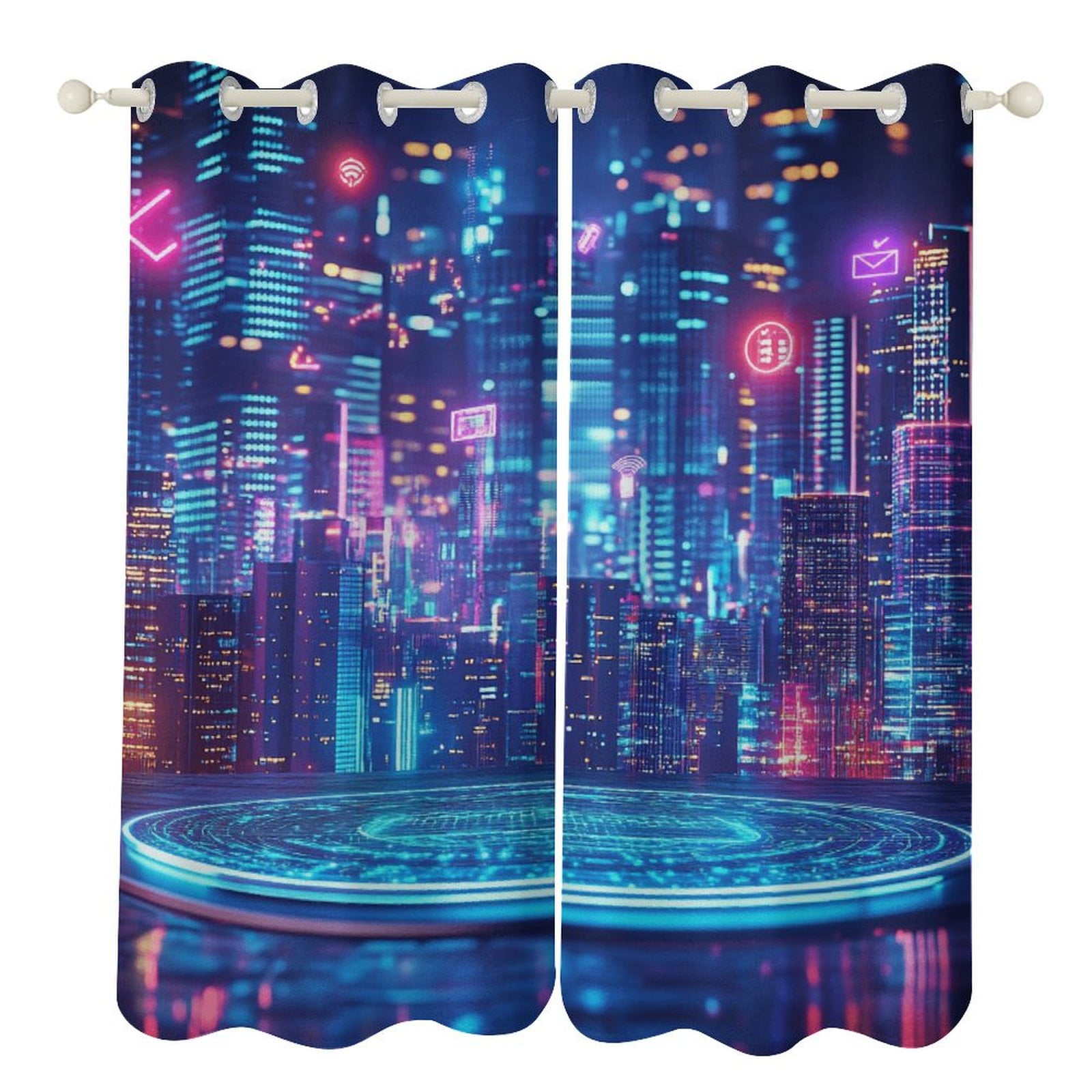 City Neon Streetview Night at Night Curtains Watercolor Theme Window ...