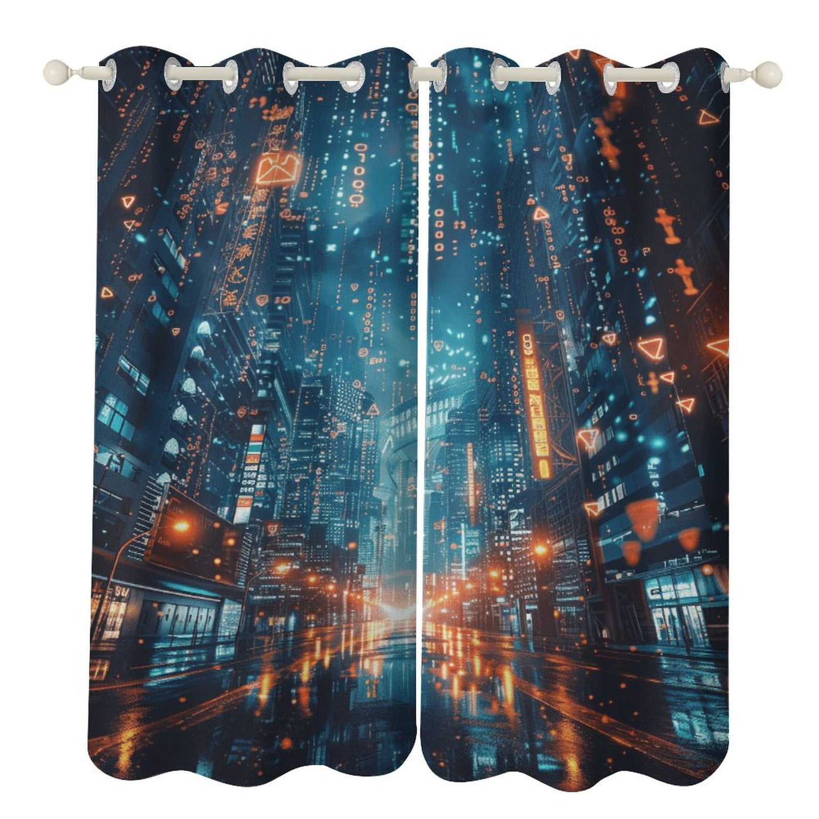 City Neon Streetview Night at Night Curtains Watercolor Theme Window ...