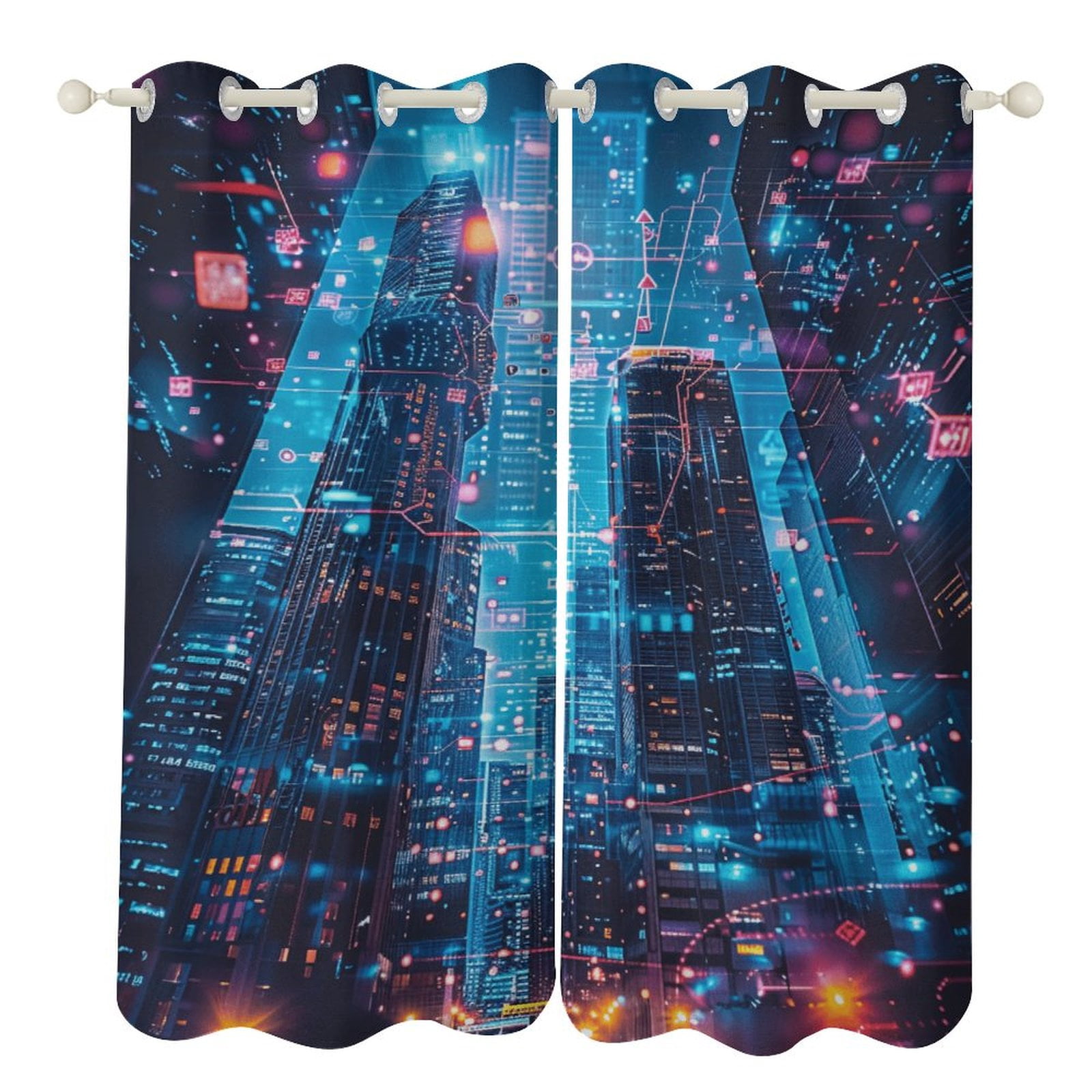 City Neon Streetview Night at Night Curtains Watercolor Theme Window ...