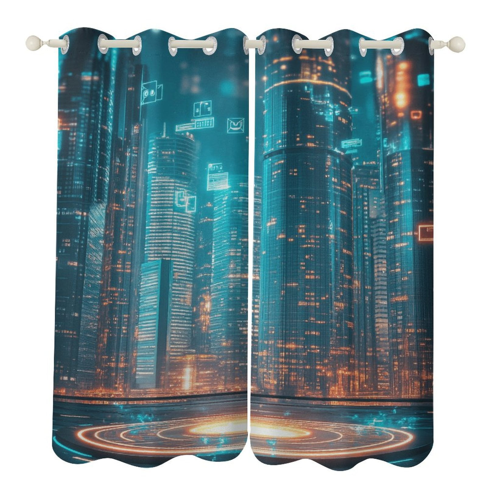 City Neon Streetview Night at Night Curtains Watercolor Theme Window ...