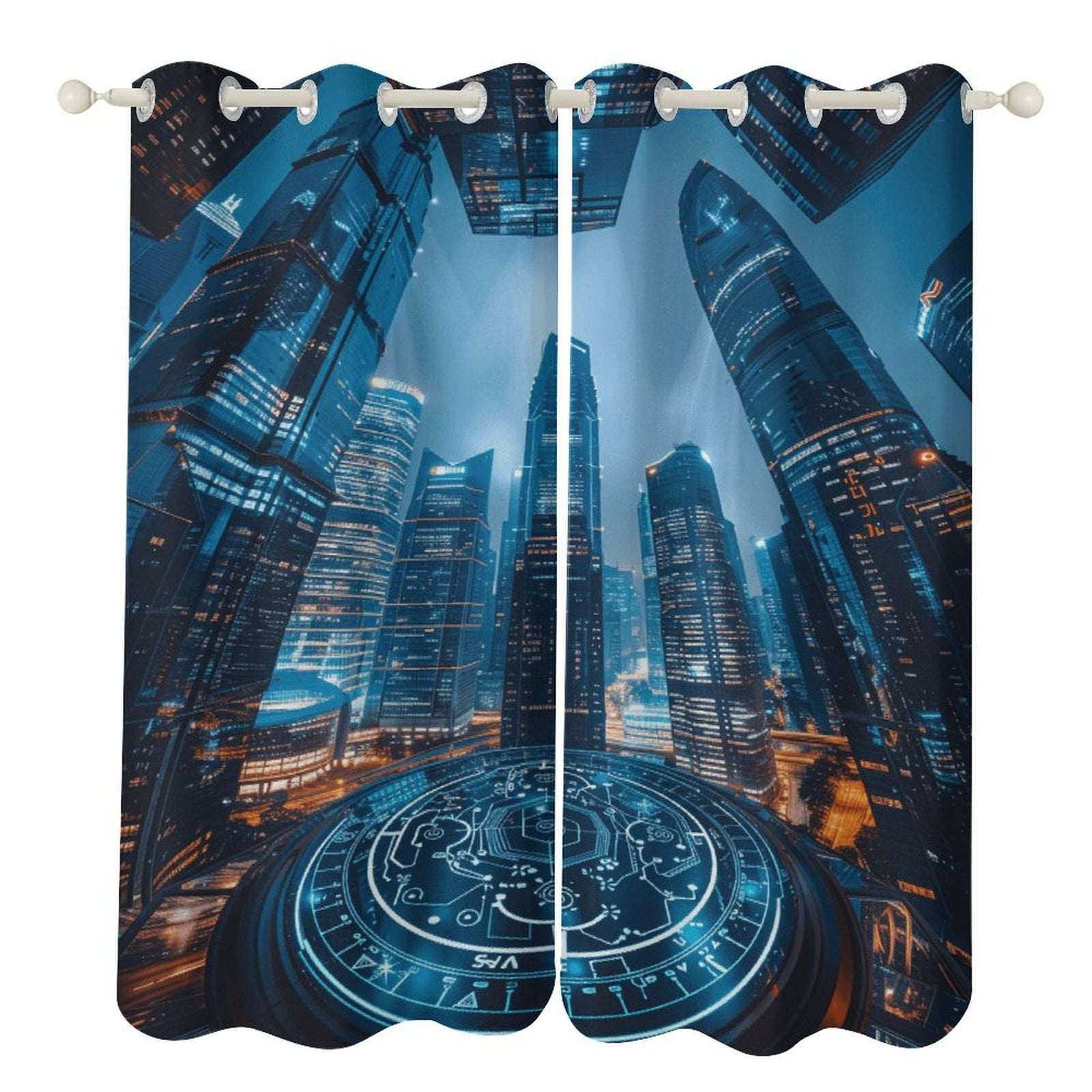 City Neon Streetview Night at Night Curtains Watercolor Theme Window ...