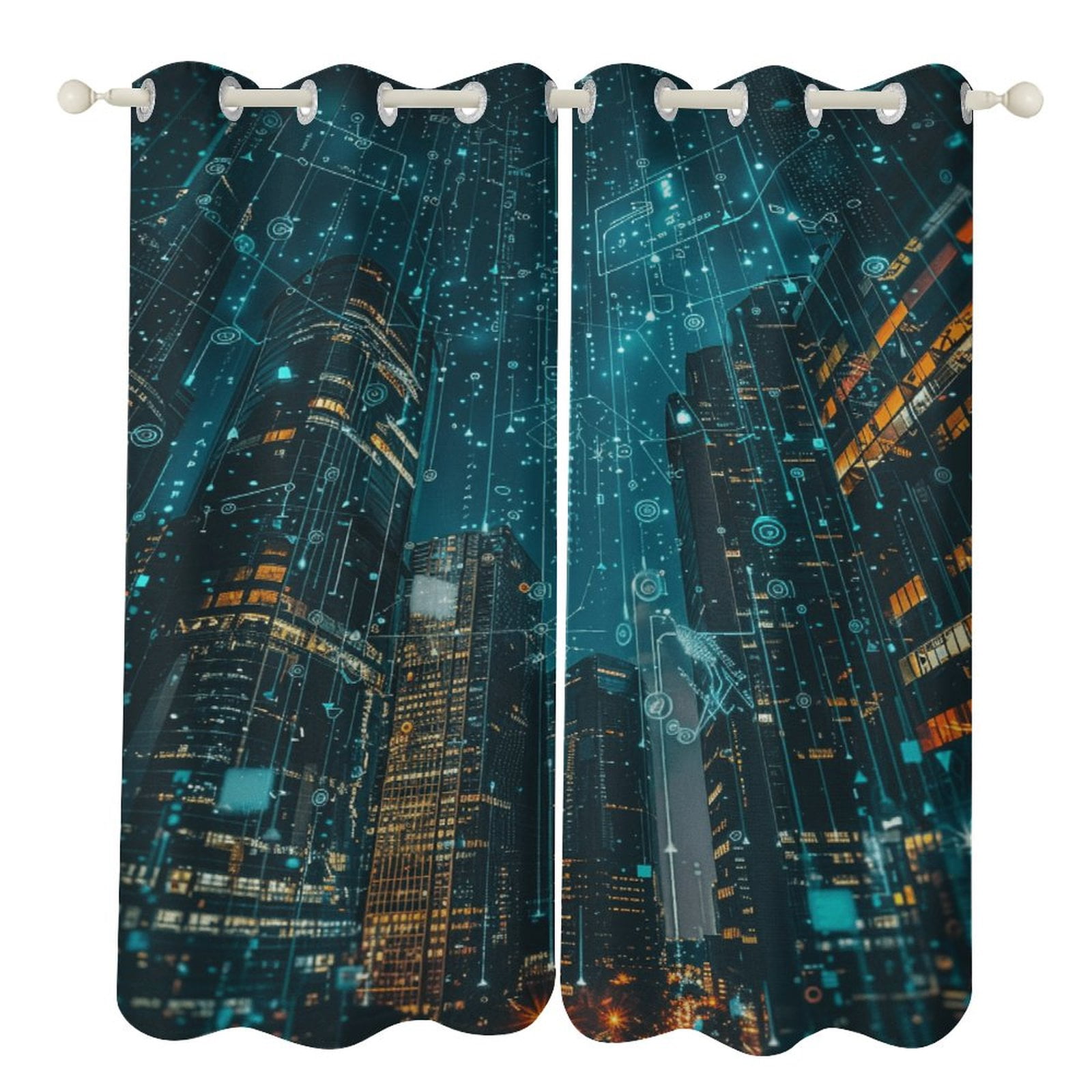 City Neon Streetview Night at Night Curtains Watercolor Theme Window ...