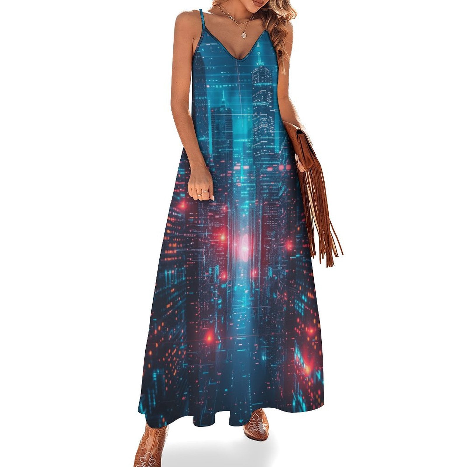 City Neon Streetview Night at Night Sleeveless Dress Women's Luxury ...