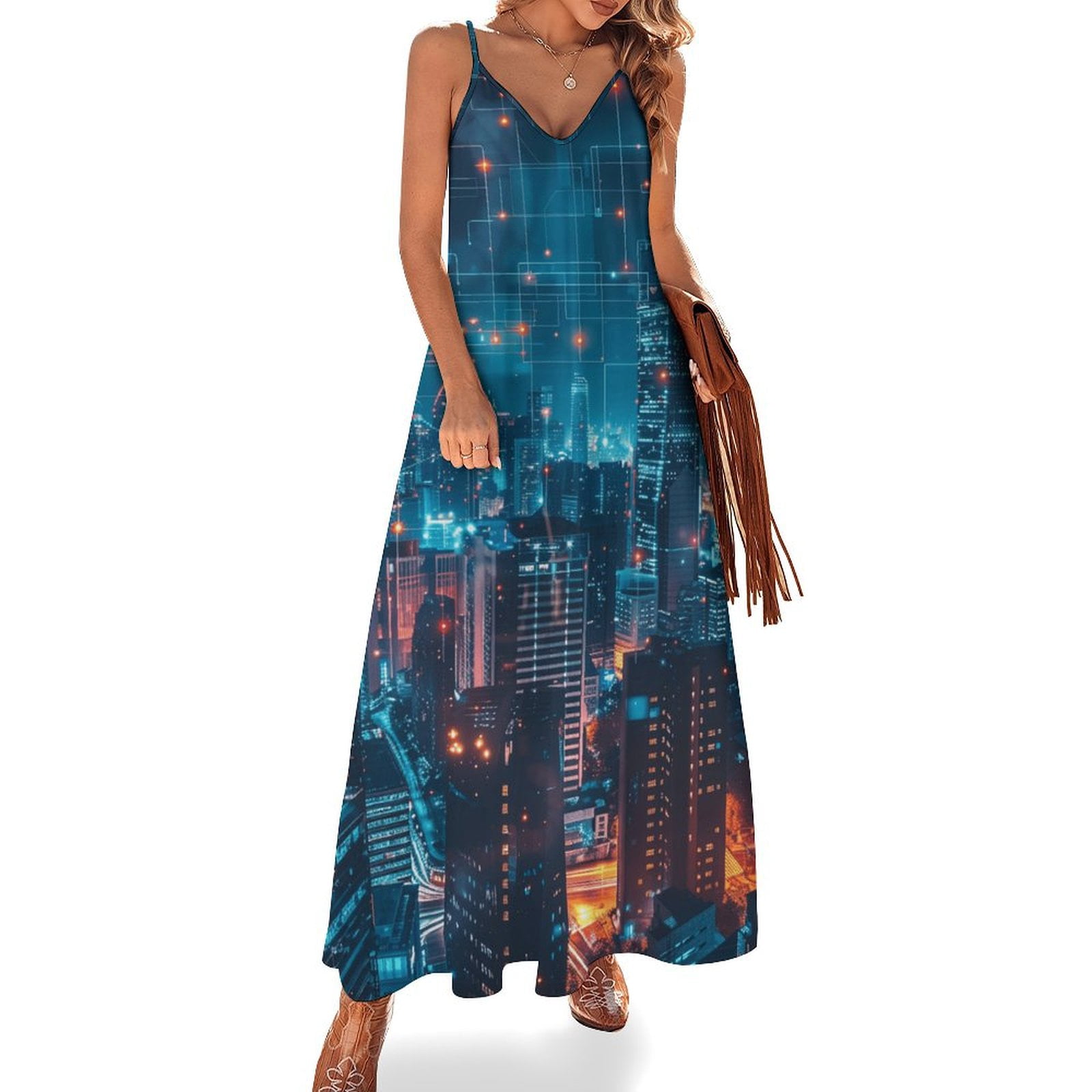 City Neon Streetview Night at Night Sleeveless Dress Women's Luxury ...