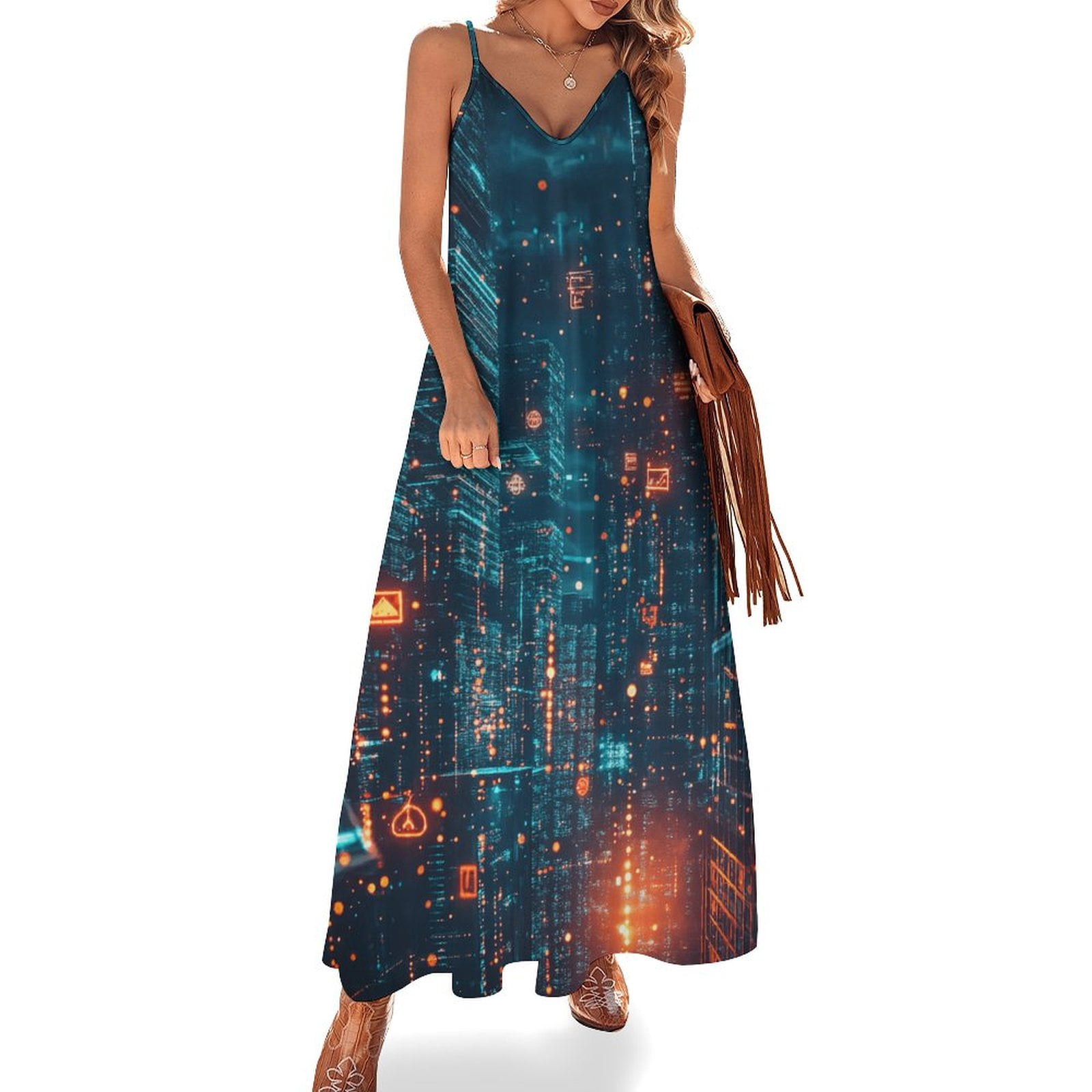 City Neon Streetview Night at Night Sleeveless Dress Women's Luxury ...