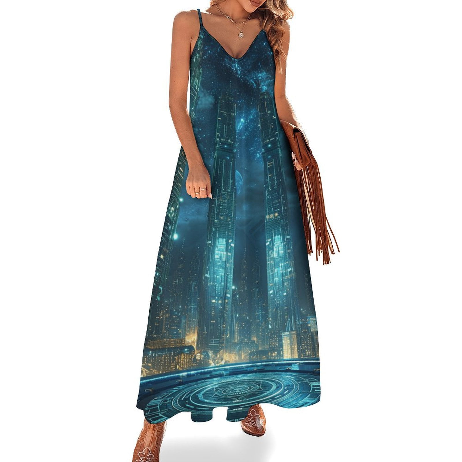 City Neon Streetview Night at Night Sleeveless Dress Women's Luxury ...