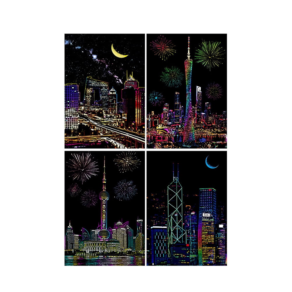 City Night Scene Scratch Art Kit Town Skyline Etching Painting Set with ...