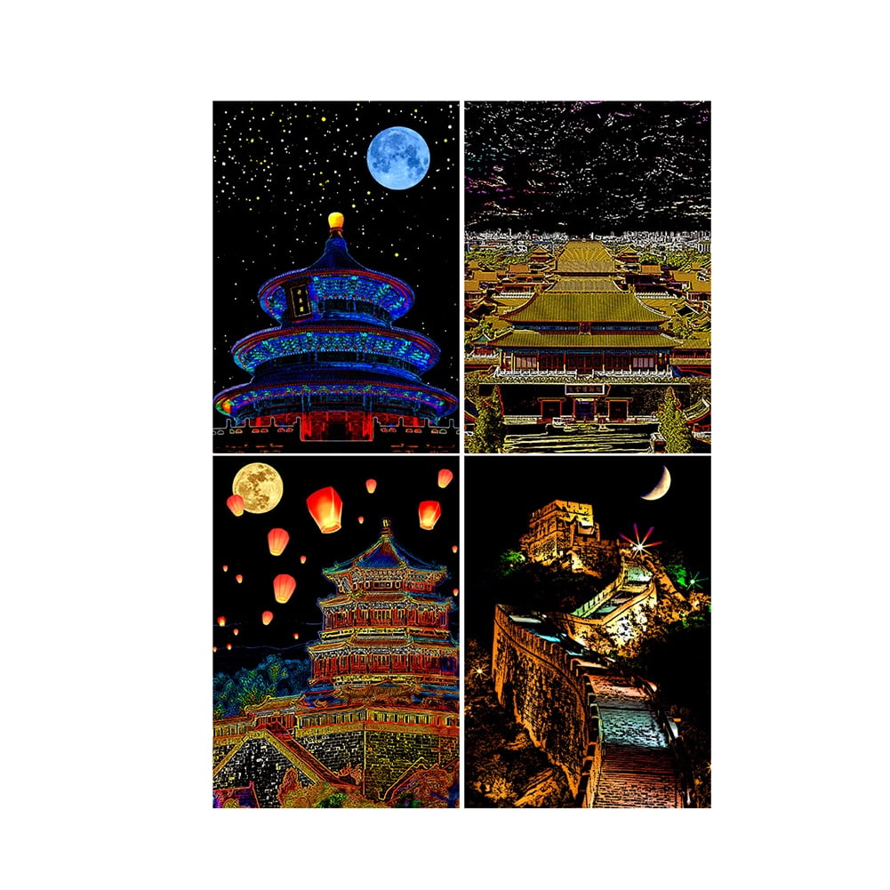 City Night Scene Scratch Art Kit Town Skyline Etching Painting Set with ...