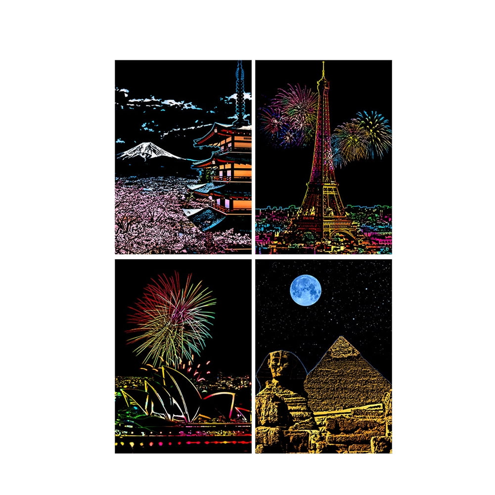 City Night Scene Scratch Art Kit Town Skyline Etching Painting Set with ...