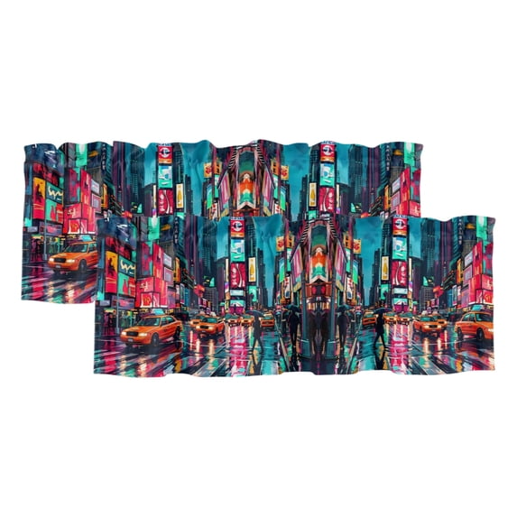 City Night View 2 Panels Kitchen Valance, Modern Neon Building Traffic ...