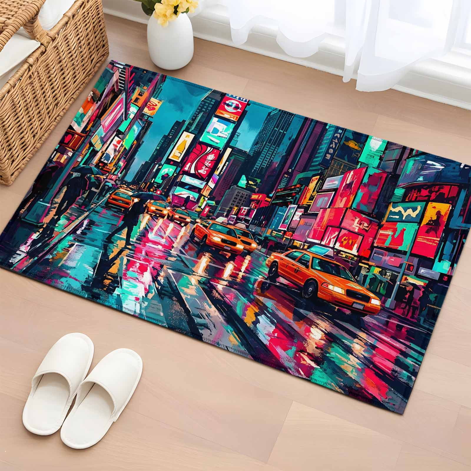 City Night View Entryway Rug 2'x3' Modern Neon Building Traffic Lights ...