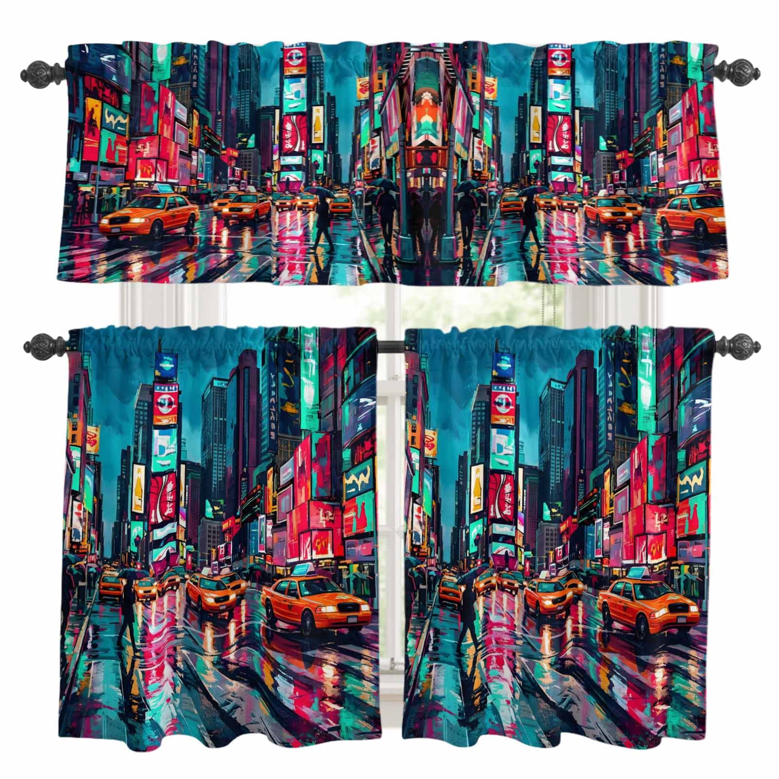 City Night View Kitchen Curtains and Valances Set, Modern Neon Building ...