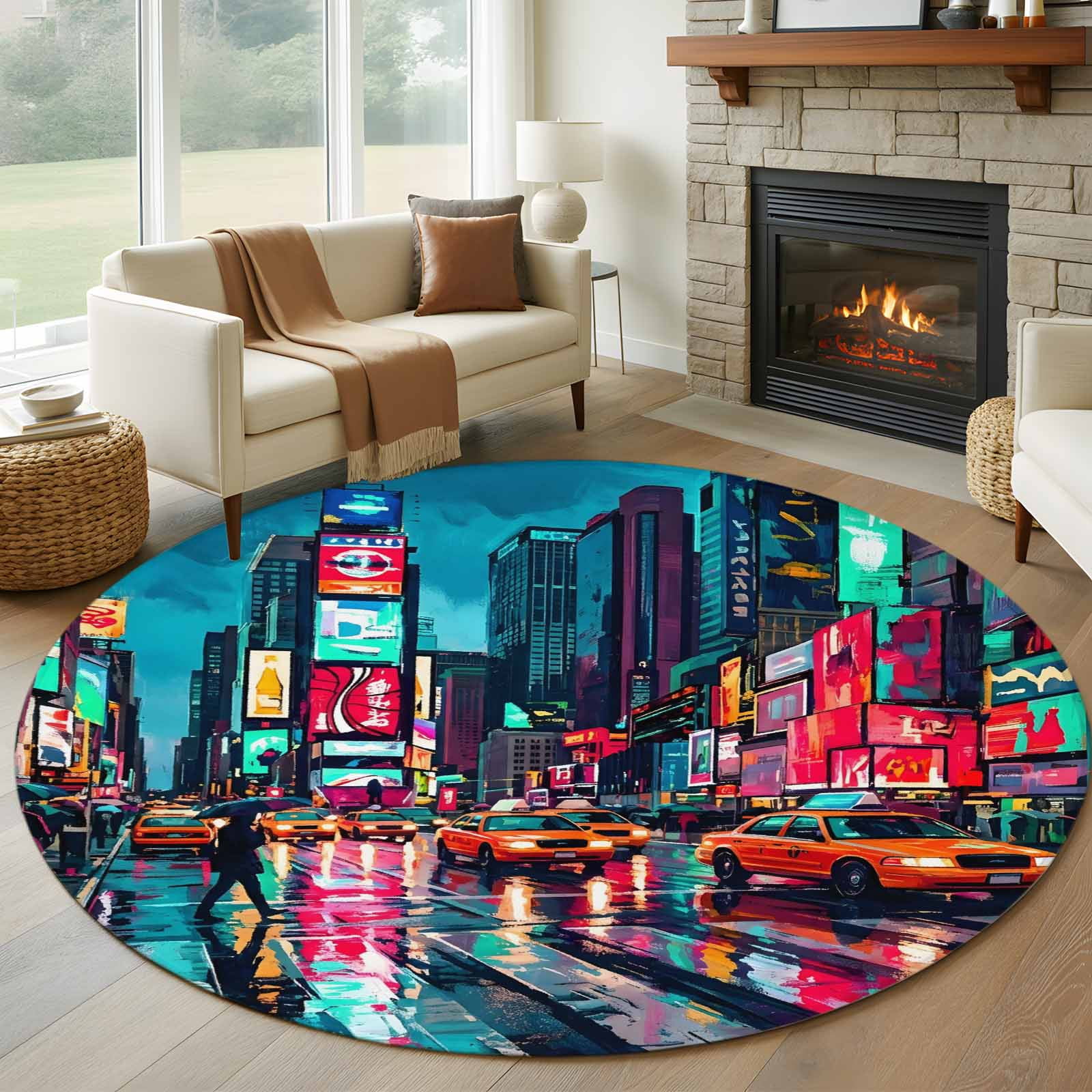 City Night View Round Rug 5Ft Modern Neon Building Traffic Lights ...