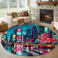 City Night View Round Rug 5Ft Modern Neon Building Traffic Lights ...