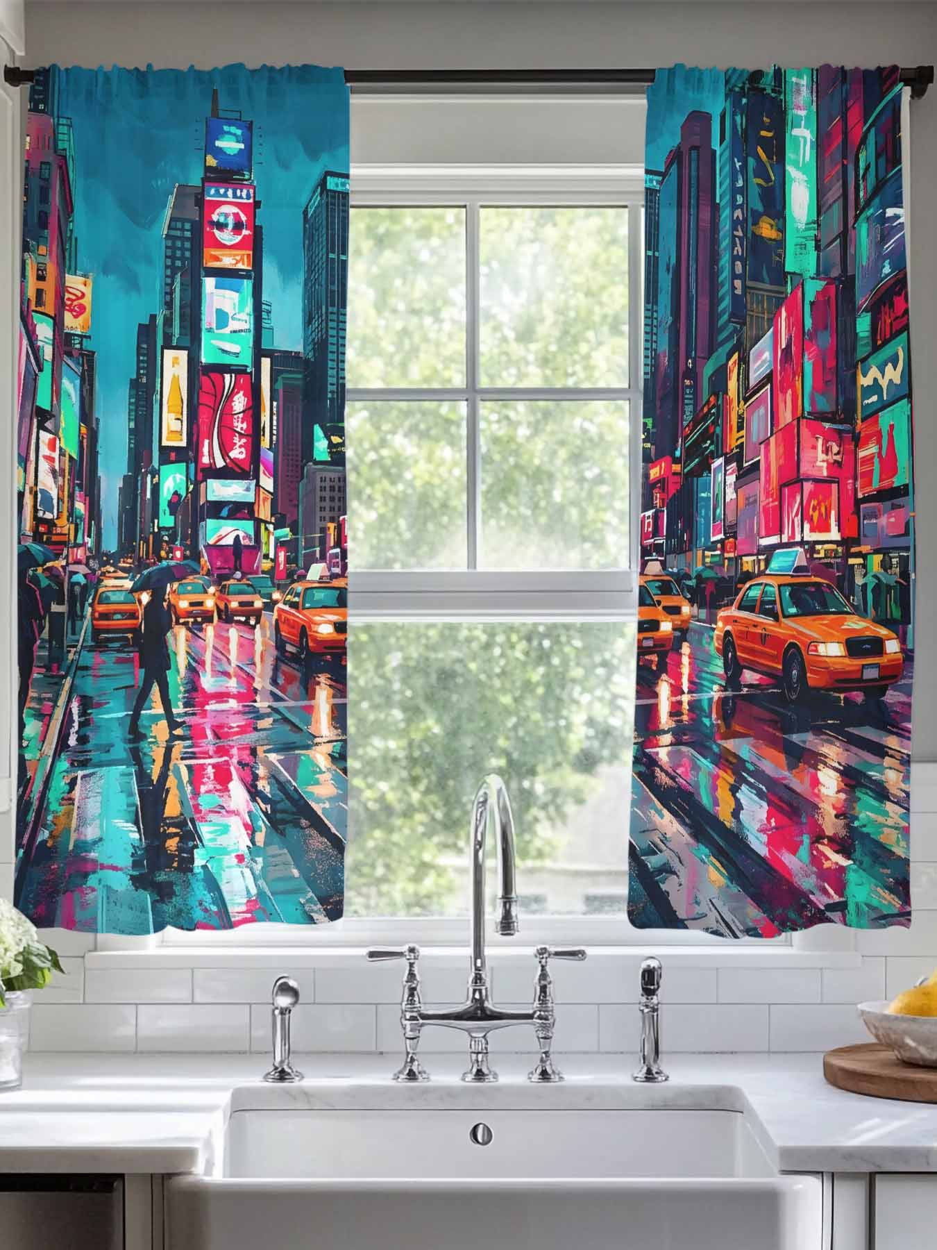 City Night View Sheer Curtains 72 inches Long, Modern Neon Building ...