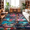 City Night View Washable Area Rug 4 x 6 ft Modern Neon Building Traffic ...