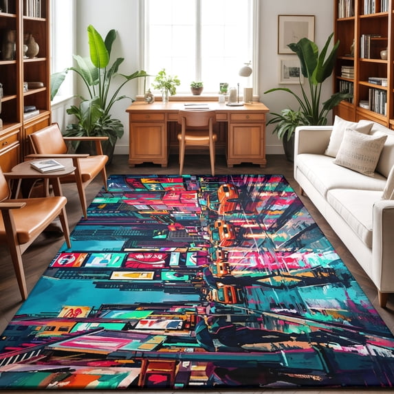 City Night View Washable Area Rug 4 x 6 ft Modern Neon Building Traffic ...