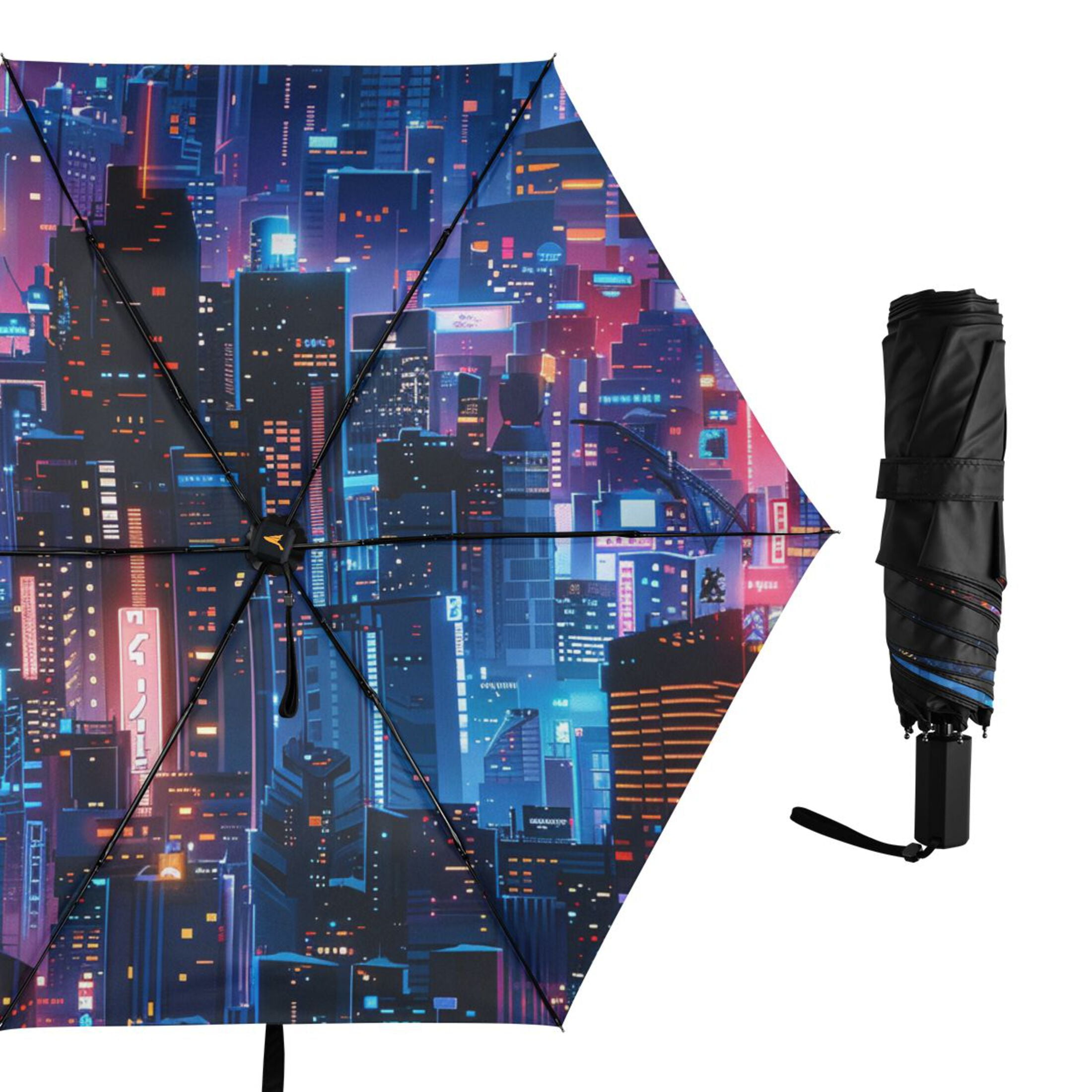 City Night Views Buildings with Neon Lights Triple Folding Umbrella ...