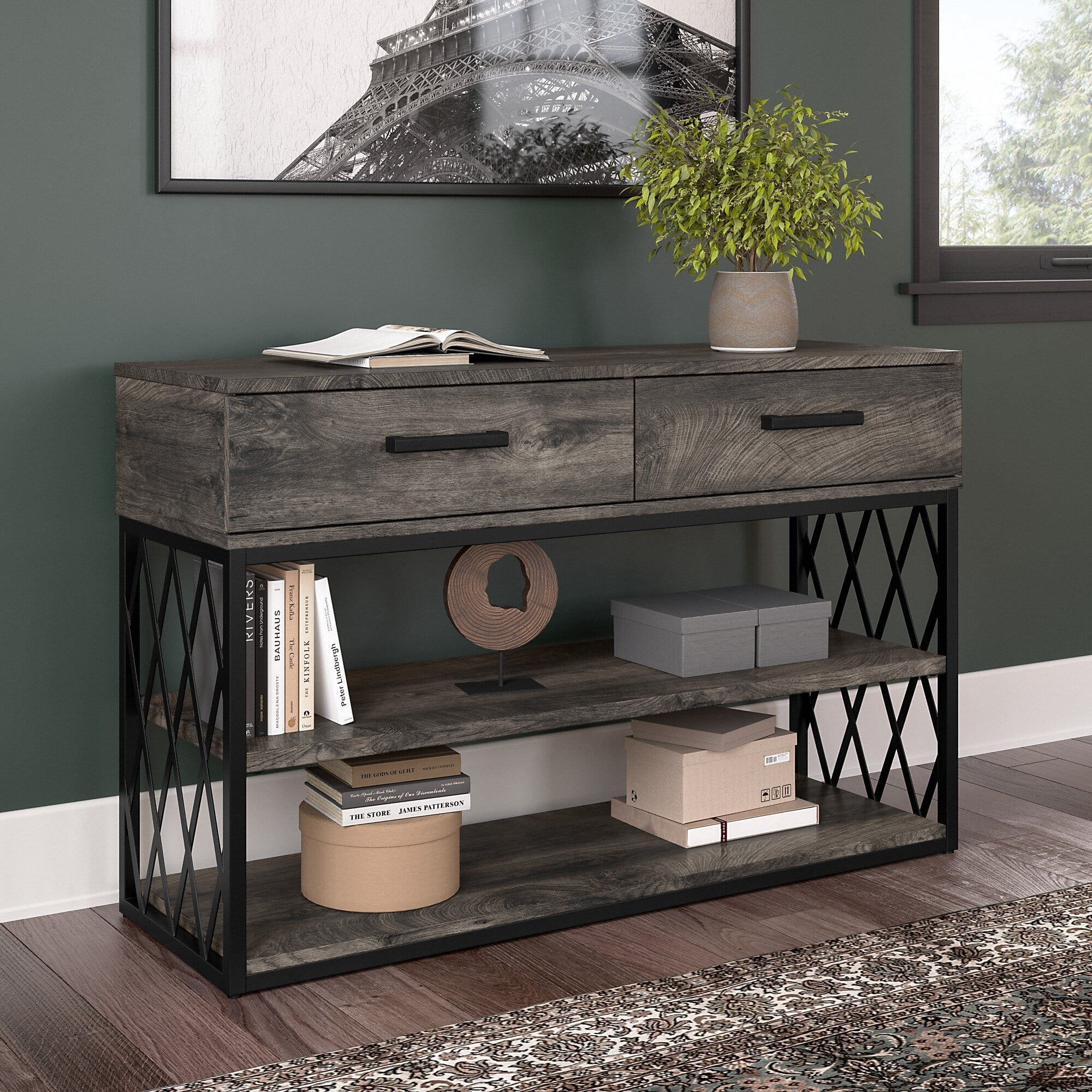 City Park Console Table with Drawers in Dark Gray Hickory - Engineered Wood - Walmart.com