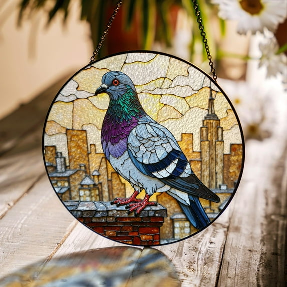 City Pigeon Stained Glass Style Suncatcher, Urban Bird Window Hanging ...