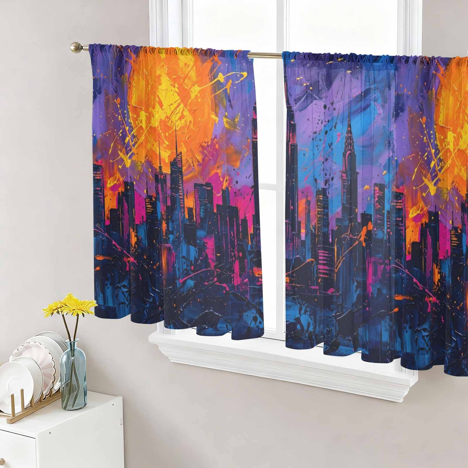City Purple Sheer Curtains 45 Inch Length 2 Panels Set, Night Scene ...