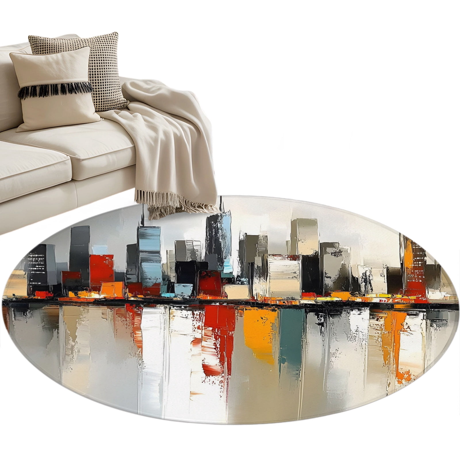 City Scenery Round Rug 3ft Washable Circle Entryway Rugs Non Slip ...