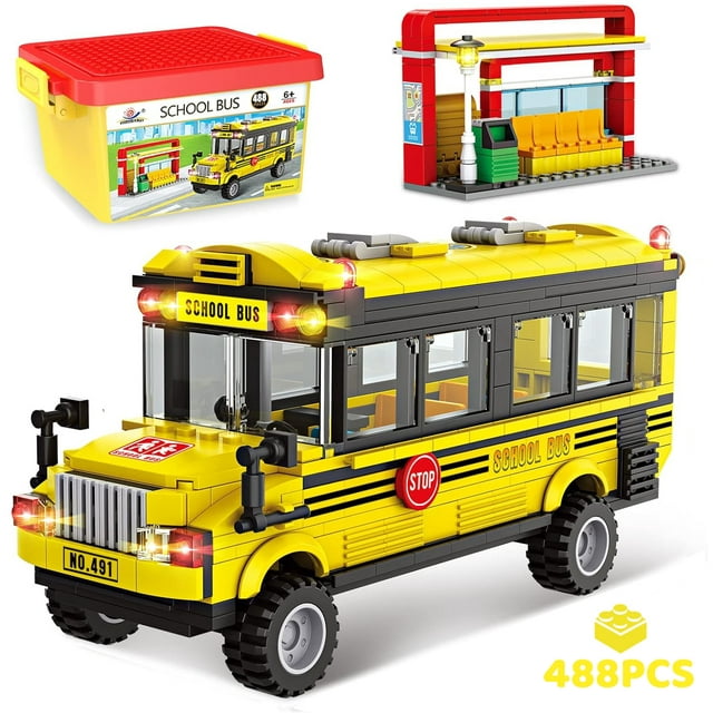 City School Bus Building Bricks Kit, Yellow Bus & Station, Creative ...