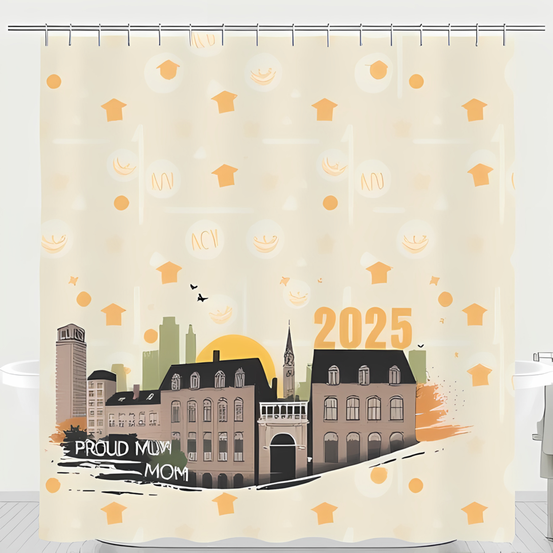 City Shower Curtain 2025 - Vibrant Urban Design with Orange Stars ...