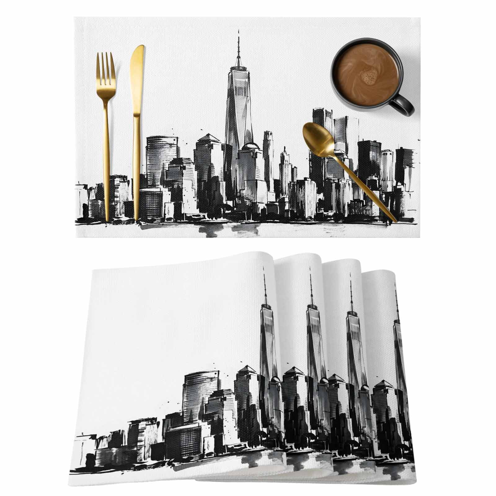 City Silhouette Cotton Linen Placemats Set of 12, Modern Minimalist ...