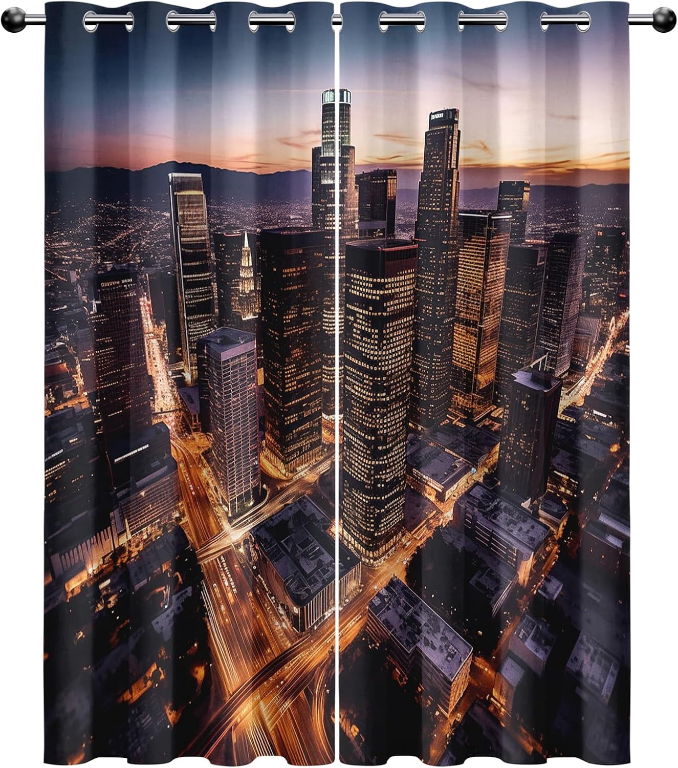 City Skyline Blackout Curtains, Night Cityscape Window Drapes for ...