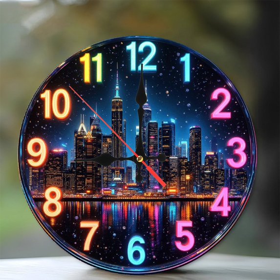 City Skyline Neon Wall Clock Home Decor 10-Inch Silent Wooden Wall ...