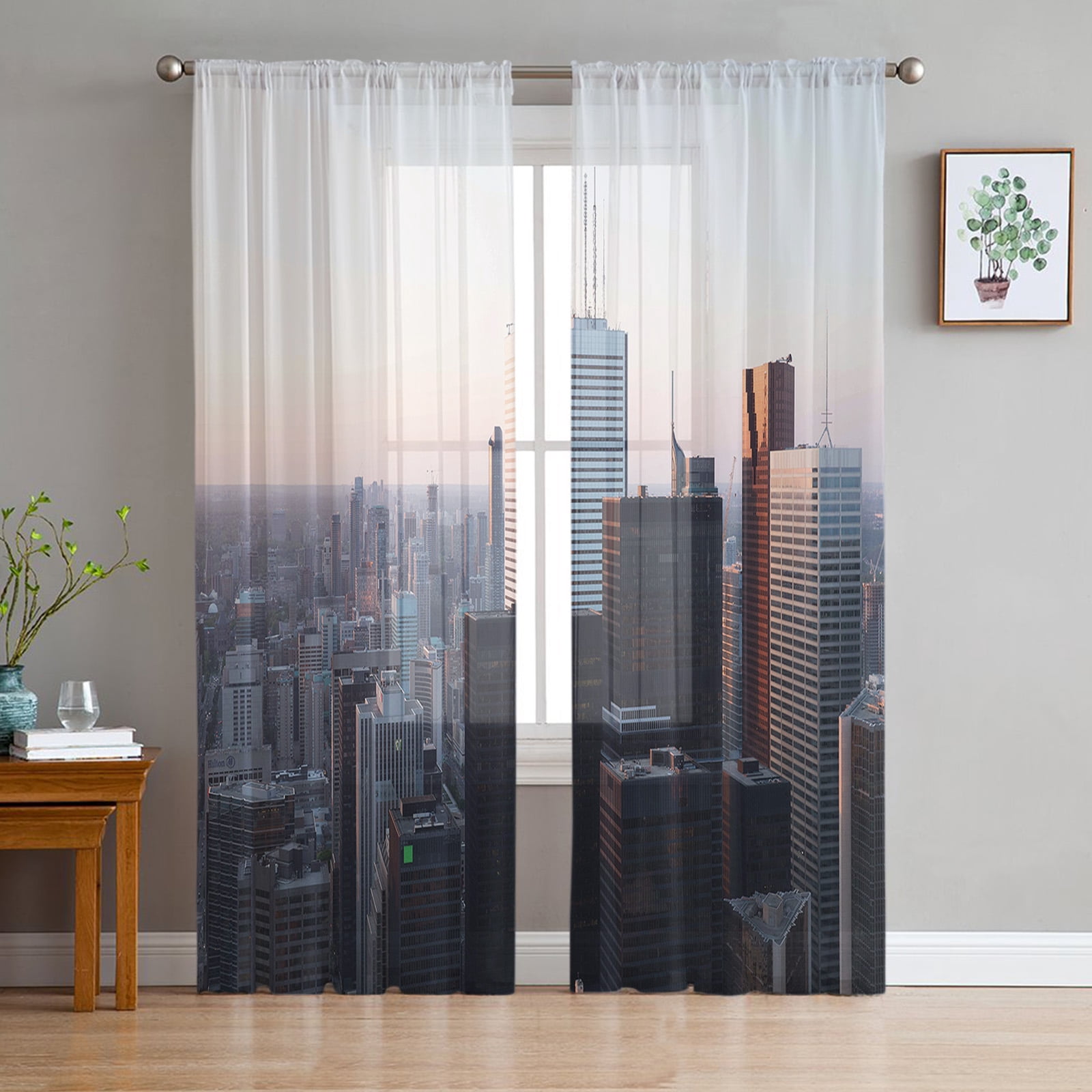 City Skyline Reflection New York Metropolis White Tulle Curtains For ...