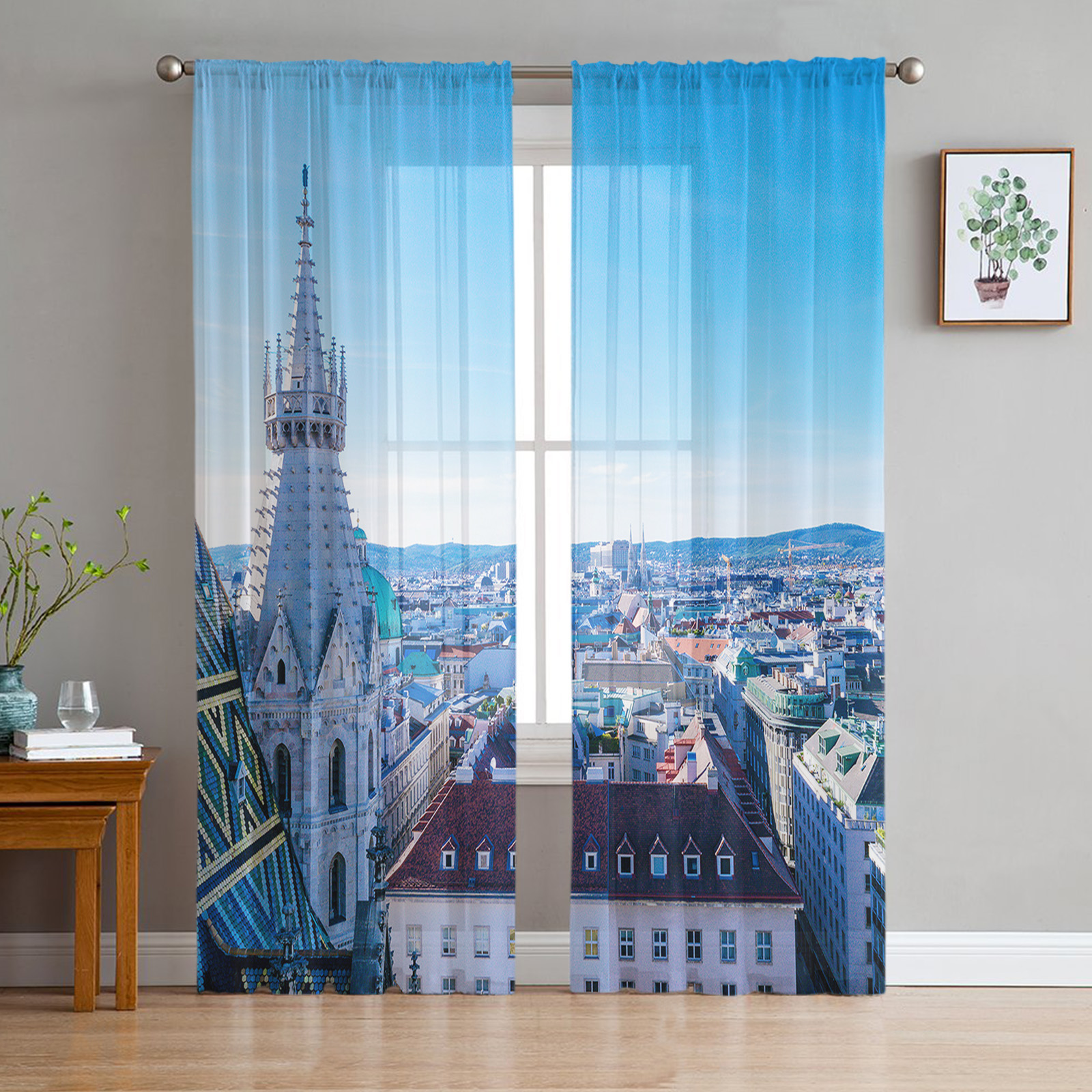 City Skyline Reflection New York Metropolis White Tulle Curtains For ...